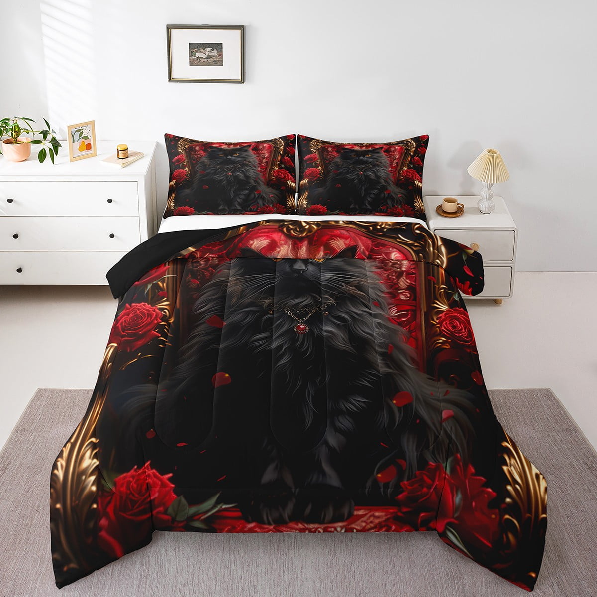 Black Cat Bedding Set for Boys Girls,Rose Romantic Style All Season ...