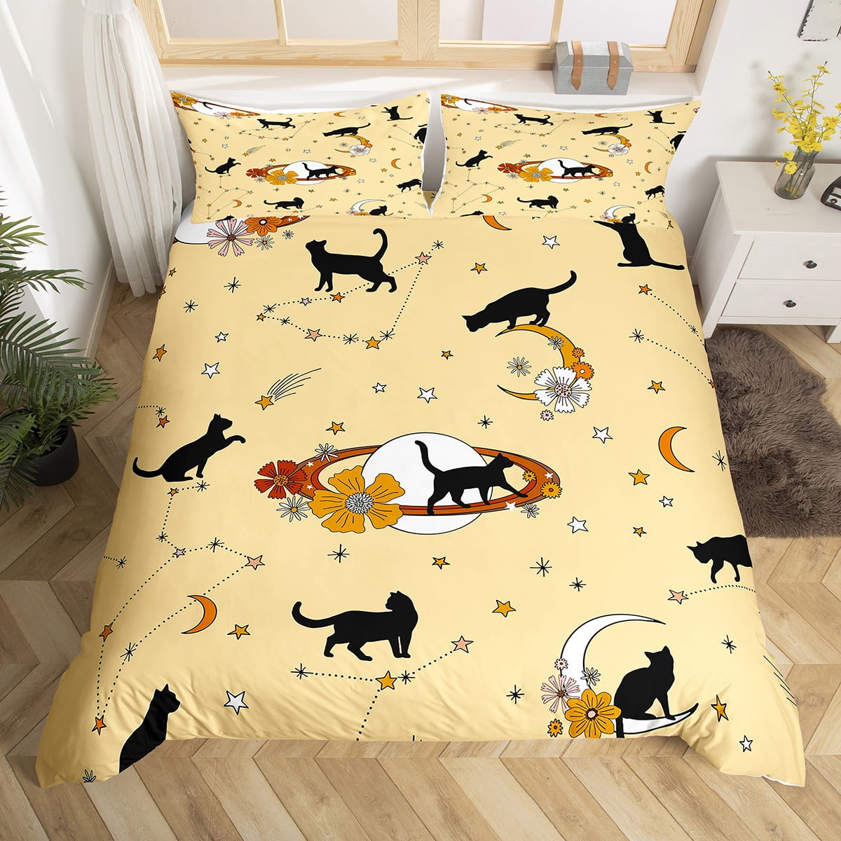 Black Cat Bedding Set Constellation Comforter Cover Cute Kitten Animal ...