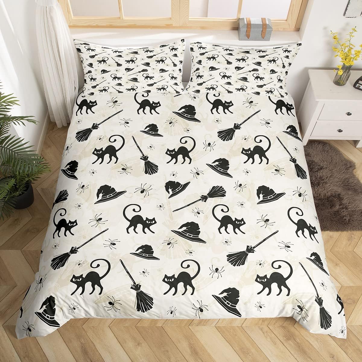 Black Cat Bedding Set Halloween Decorations Witch Hat Comforter Cover ...