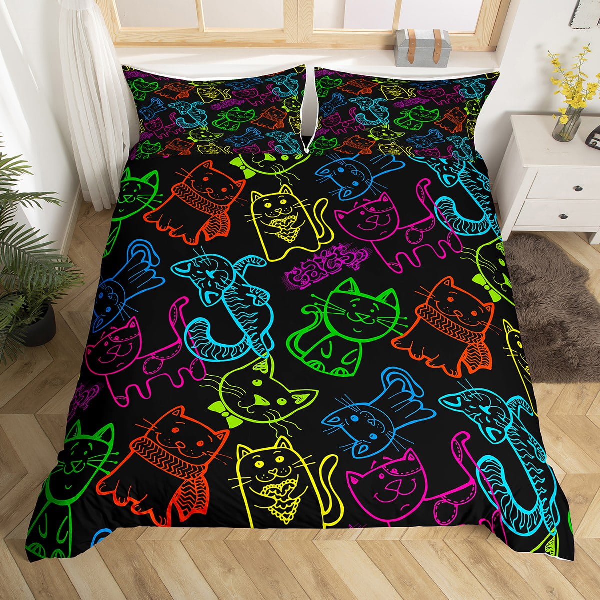Black Cat Bedding Set Queen, Kawaii Cartoon Cat Duvet Cover, Neon ...
