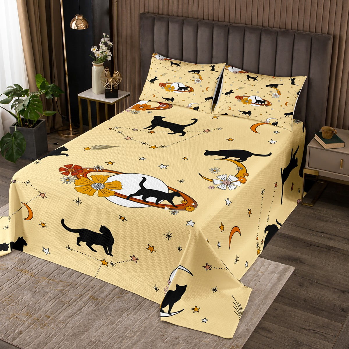 Black Cat Bedspread Set Constellation Coverlet Set Cute Kitten Animal ...
