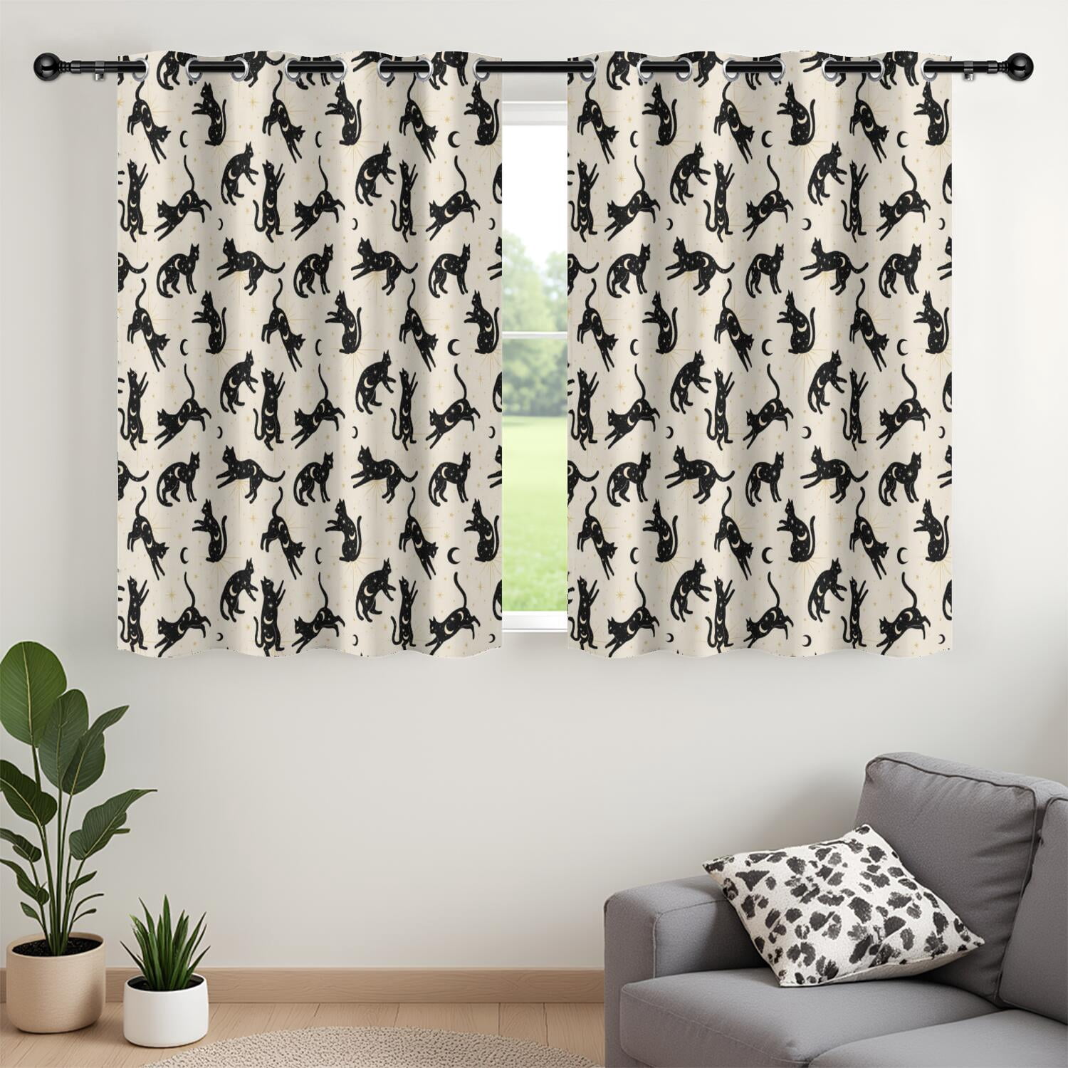 Black Cat Beige Pattern Blackout Curtains,Triple Weaved Fabric,Thermal ...