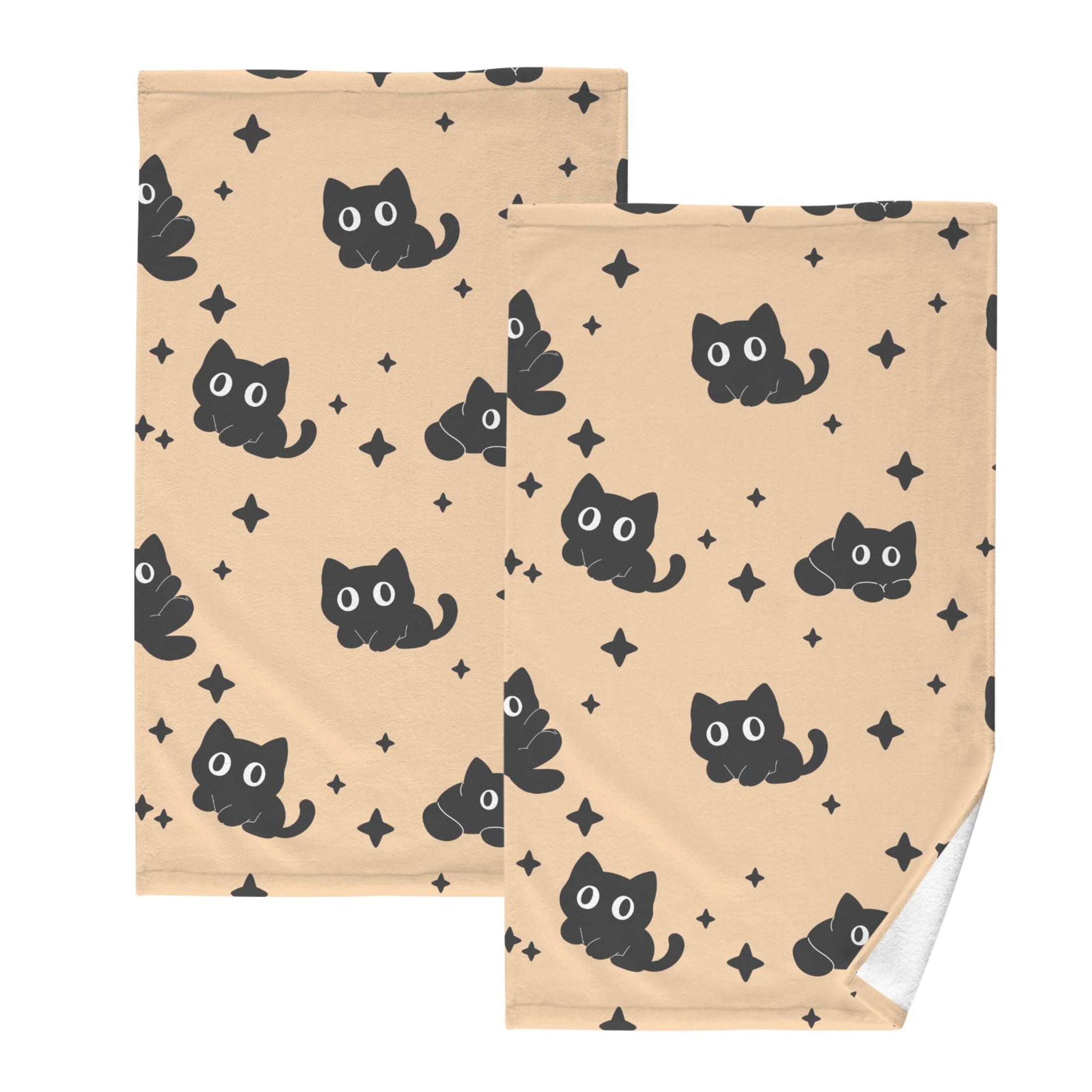 Black Cat Beige Pattern Cotton Towel Set Face Hand Towels 2 Pack Soft ...