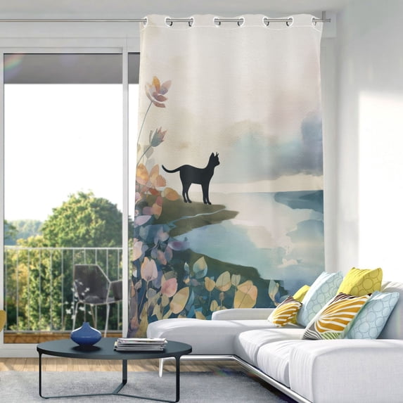 Black Cat Beside River Flowers Curtain Light Filtering Thermal ...