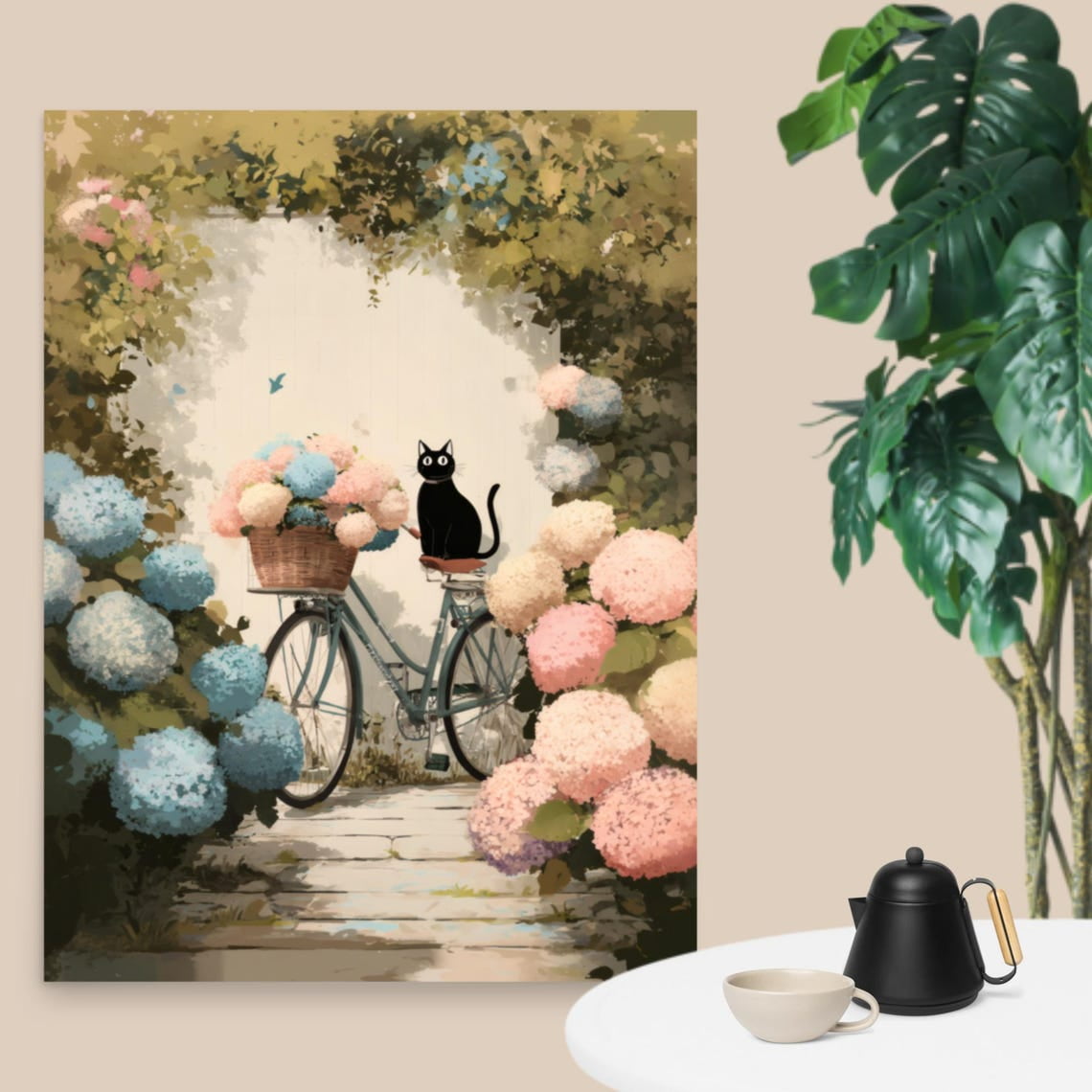Black Cat Bicycle Print, Retro Hydrangea Botanical Wall Art 2018 UNFRAMED Poster, 16x24 ...