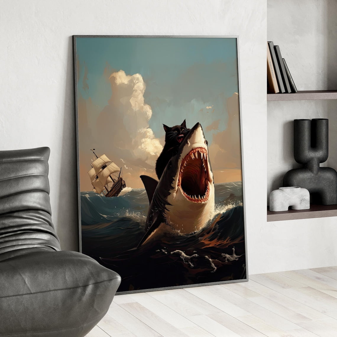 Black Cat Biting Shark Renaissance Style Fat Vs Meme And Wall Art ...