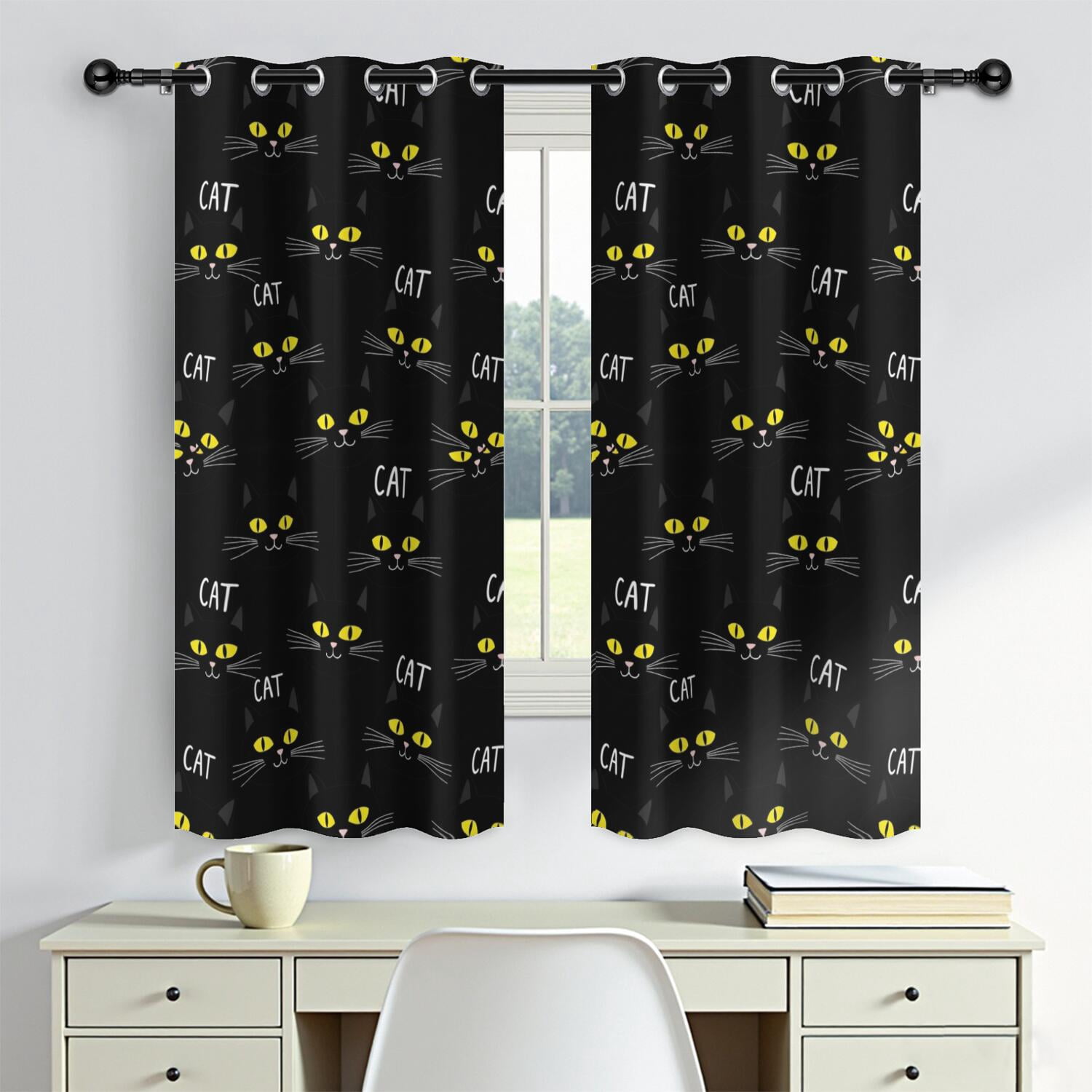 Black Cat Black Pattern Blackout Curtains,Triple Weaved Fabric,Thermal ...