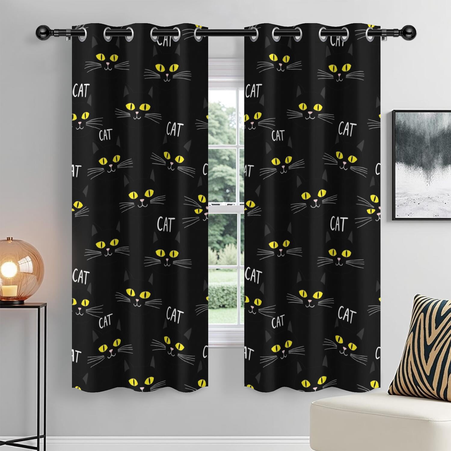Black Cat Black Pattern Blackout Curtains,Triple Weaved Fabric,Thermal ...