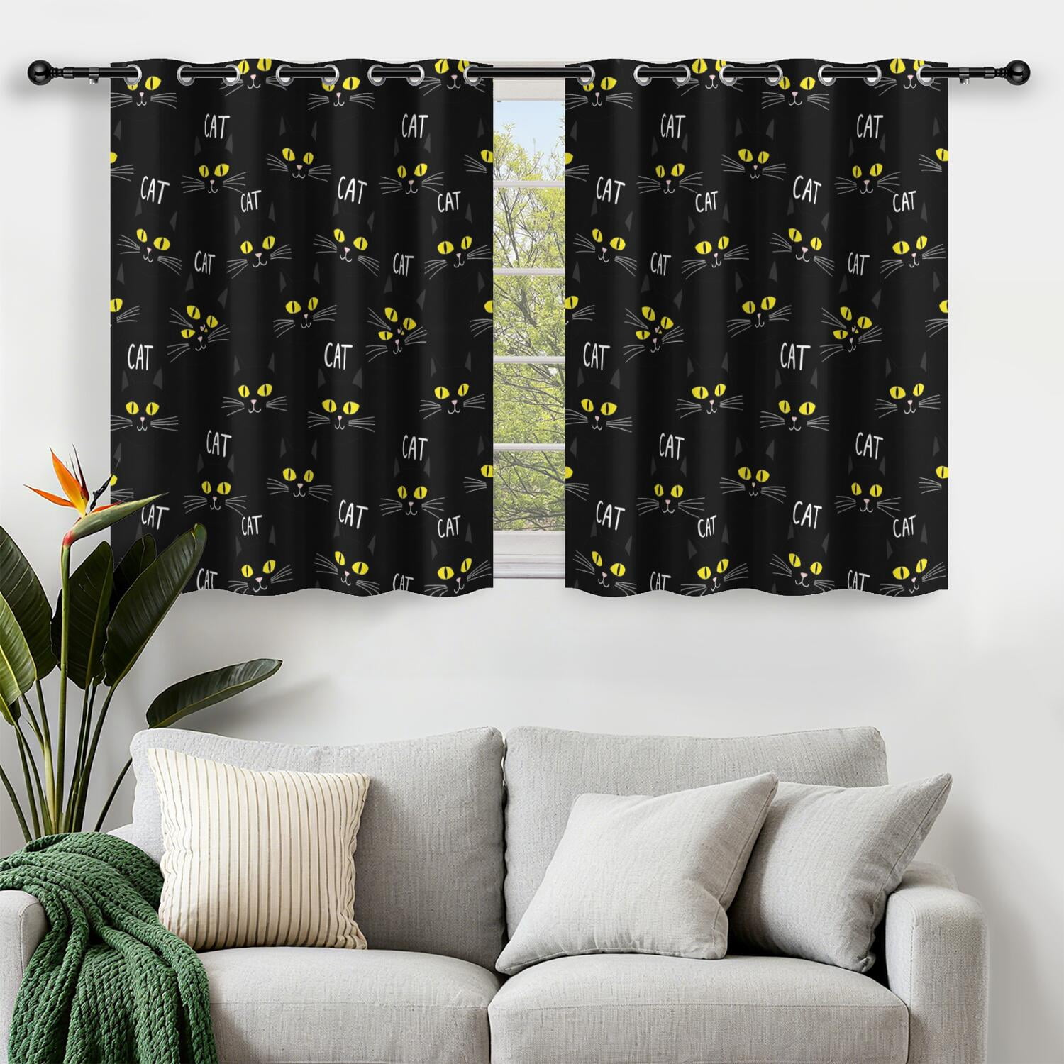 Black Cat Black Pattern Blackout Curtains,Triple Weaved Fabric,Thermal ...