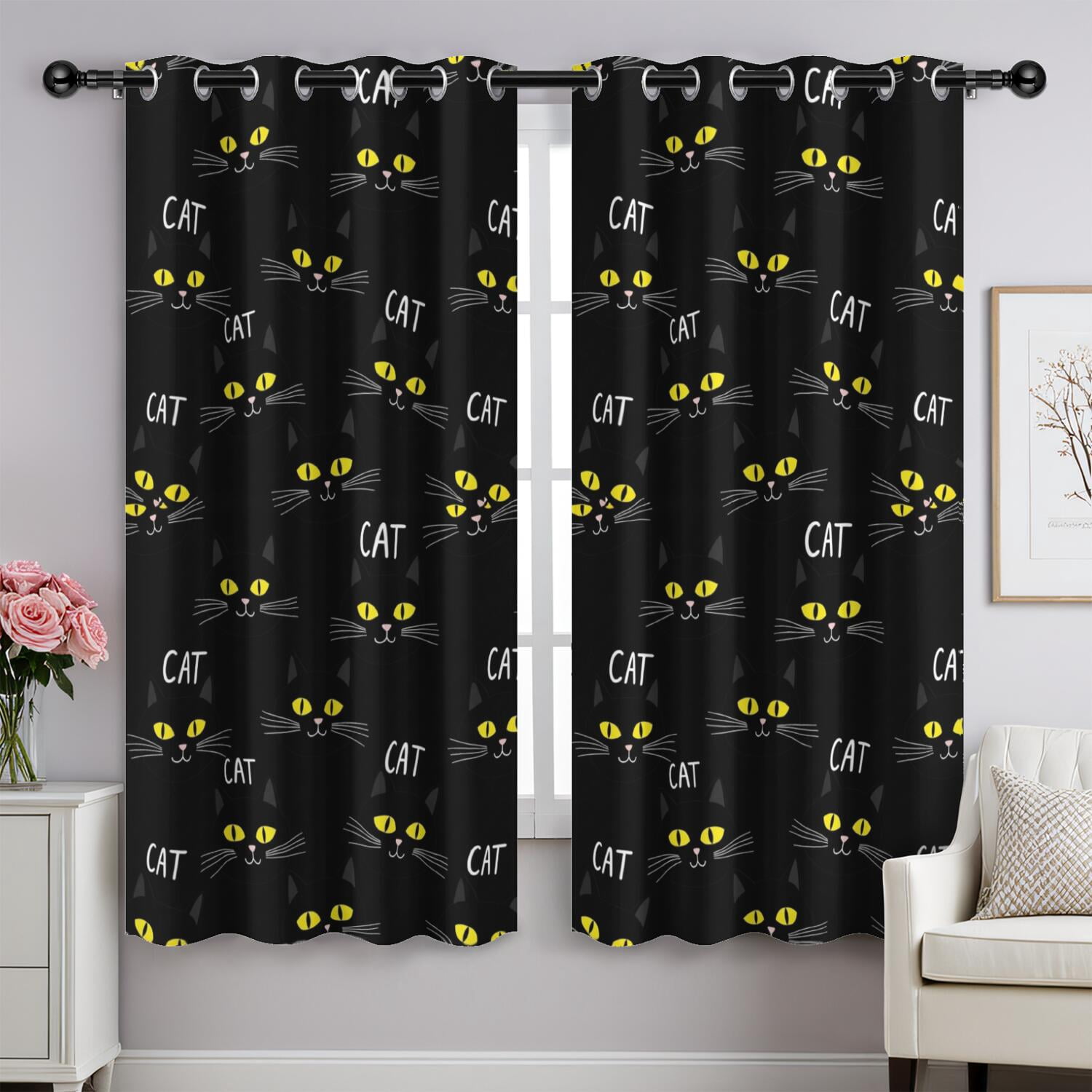 Black Cat Black Pattern Blackout Curtains,Triple Weaved Fabric,Thermal ...