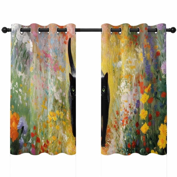 Black Cat Blackout Curtains 45 Inches Long, Colorful Floral Garden ...