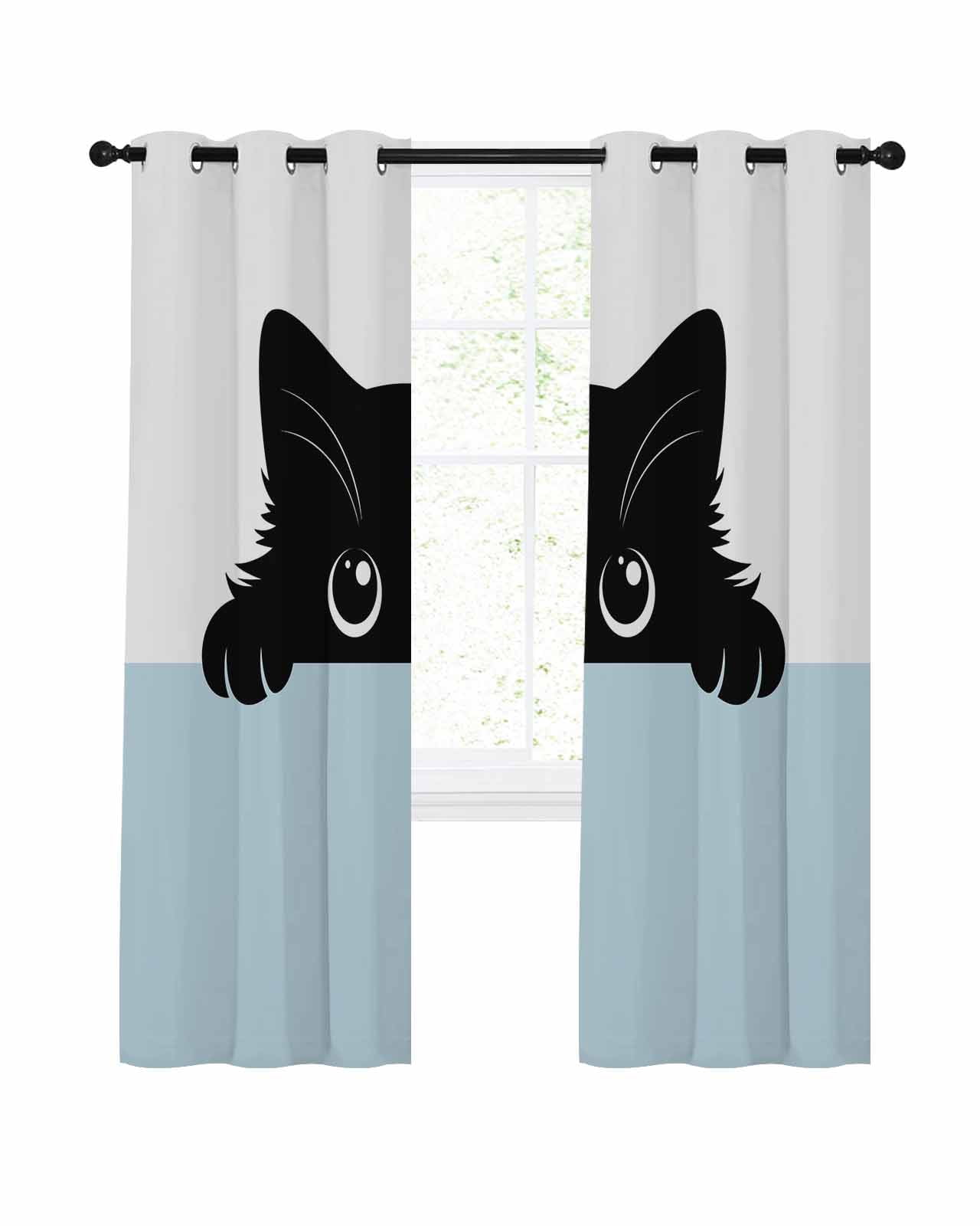 Black Cat Blackout Curtains 63 Inch Length Cute Cat Cartoon Animal with ...