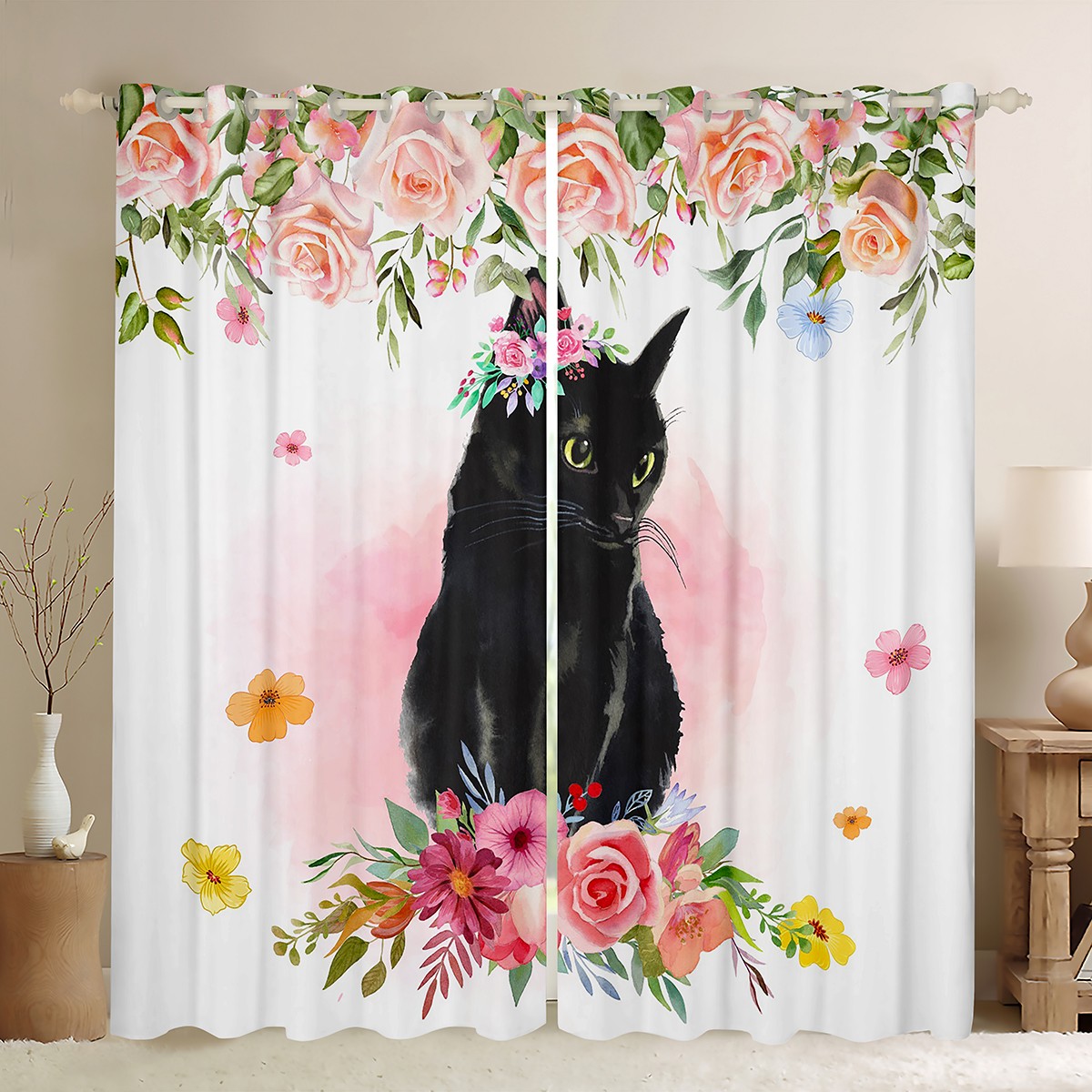 Black Cat Blackout Curtains Kitten Curtains for Living Room,Cute Pet ...