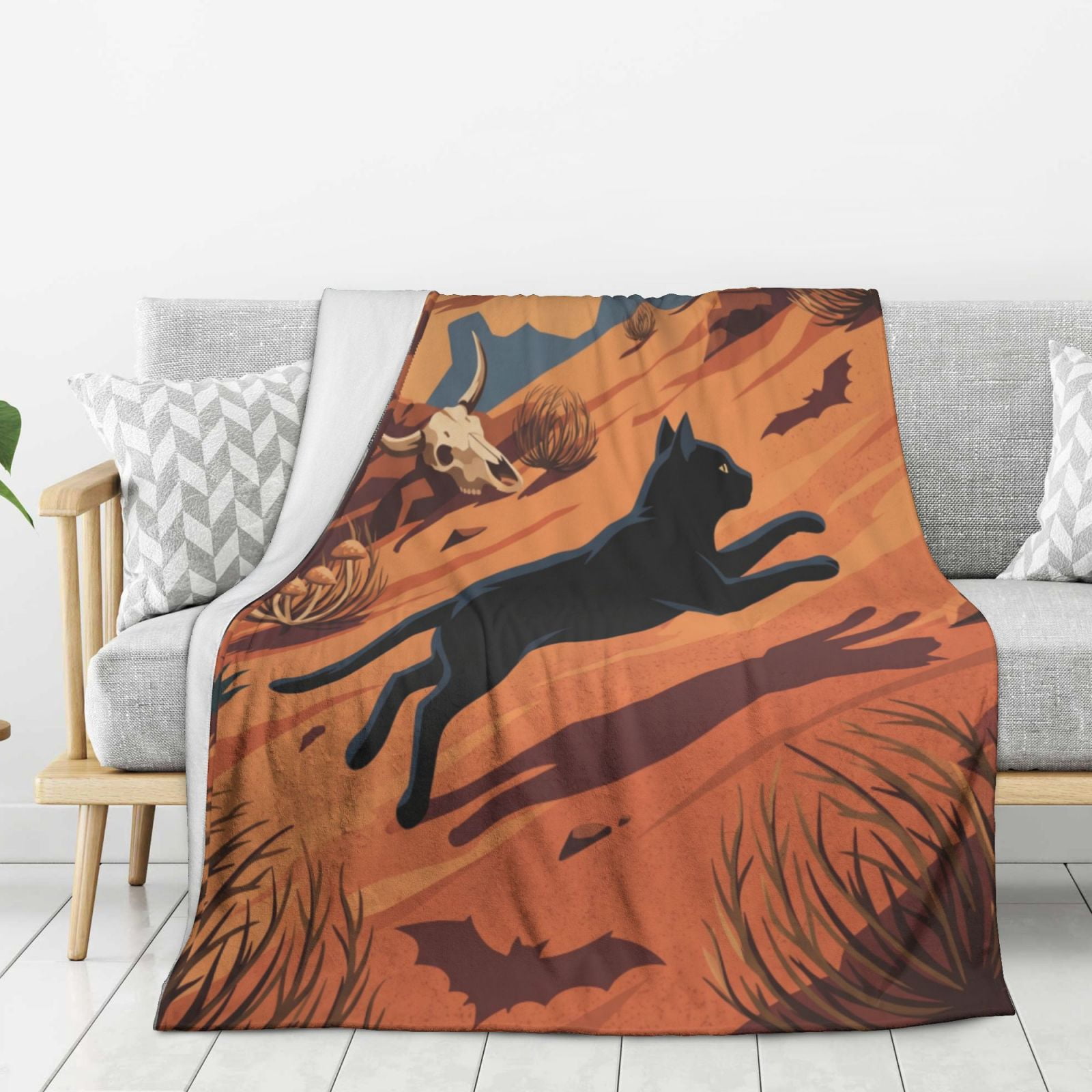 Black Cat Blanket Halloween Gothic Spooky Decor, Black Cats Skulls and ...