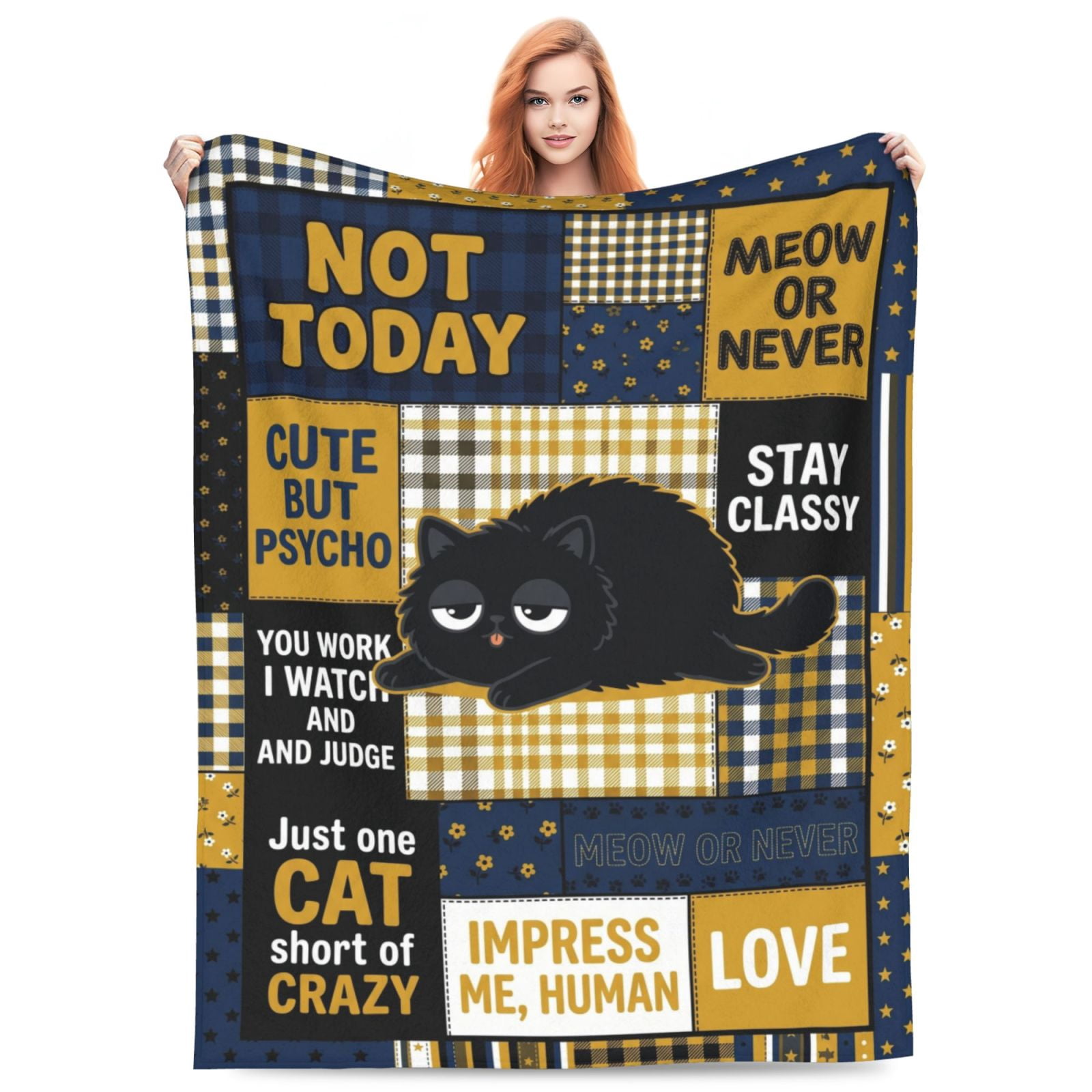 Black Cat Blanket, Unique Plaid Patterned Cat Art Soft Plush Blanket ...