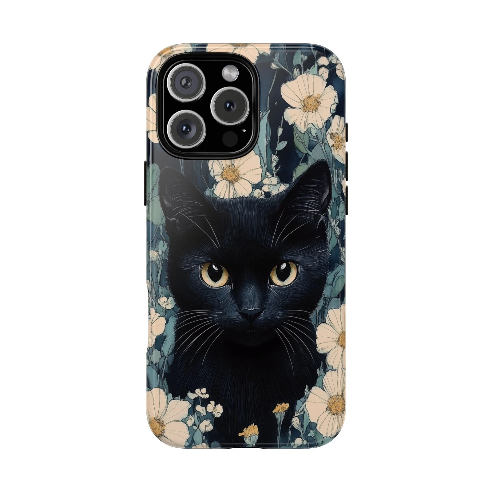 Black Cat Blue Wildflowers Phone Case for iPhone 11-17 Pro Max ...