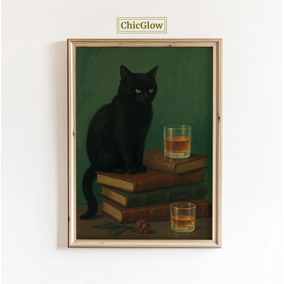 Black Cat Books Library Wall Art Home Decor Unframed Paper Print ...