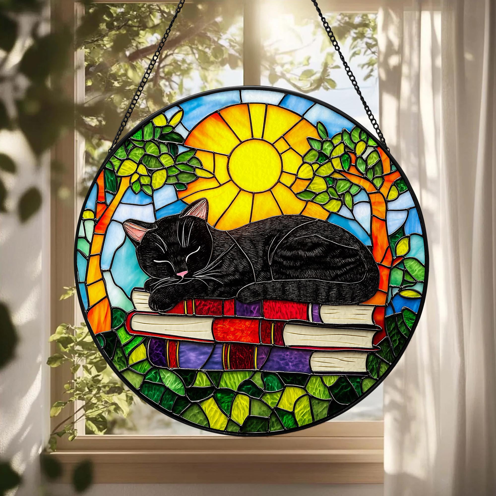 Black Cat & Books Stained Glass Suncatcher, Reading Nook Window Hanging ...