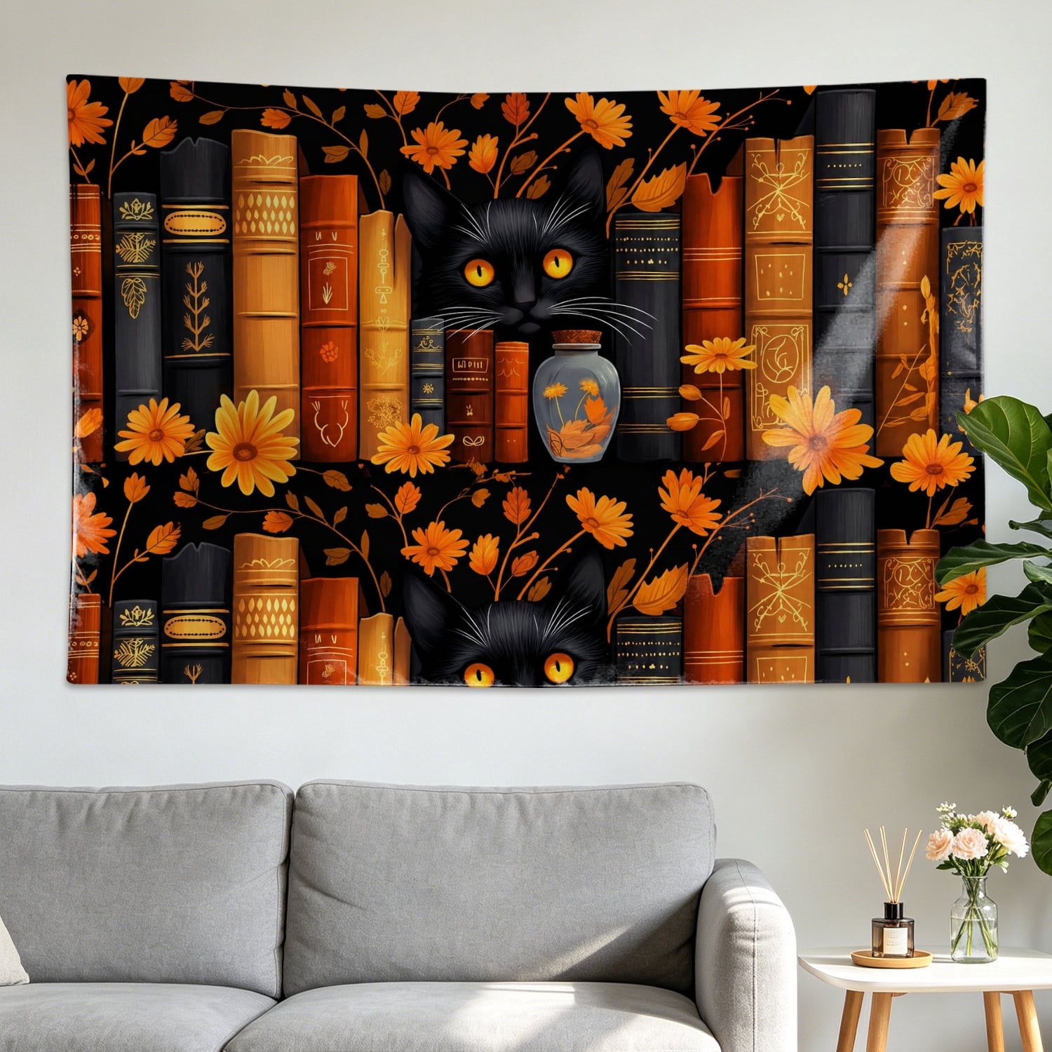 Black Cat Bookshelf Floral Autumn Wall tapestry， Large size Printed ...