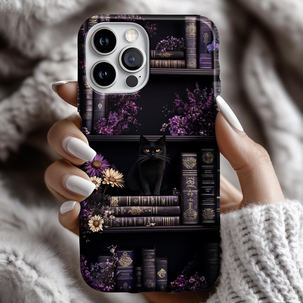 Black Cat Bookshelf Floral Gothic Phone Case with iPhone 17 to 11 Pro ...