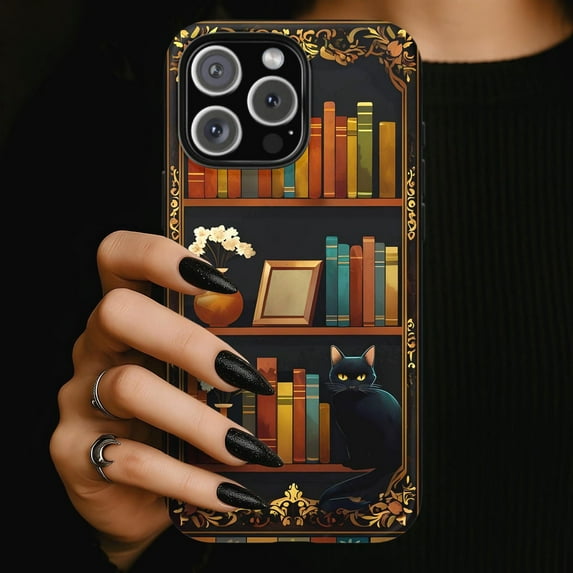 Black Cat Bookshelf Magical Book Lover Protective Phone Case 17 16 15 ...