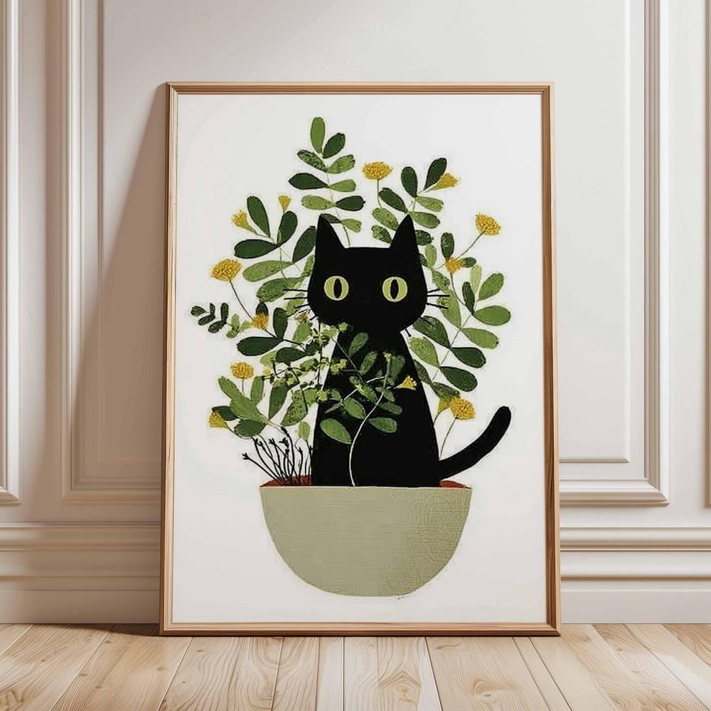 Black Cat Botanical Art Print Modern Illustration Cozy Home Decor ...