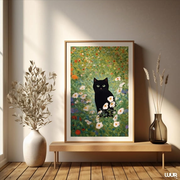 Black Cat Botanical Green Landscape Wall Art, Unframed Paper Print Size ...