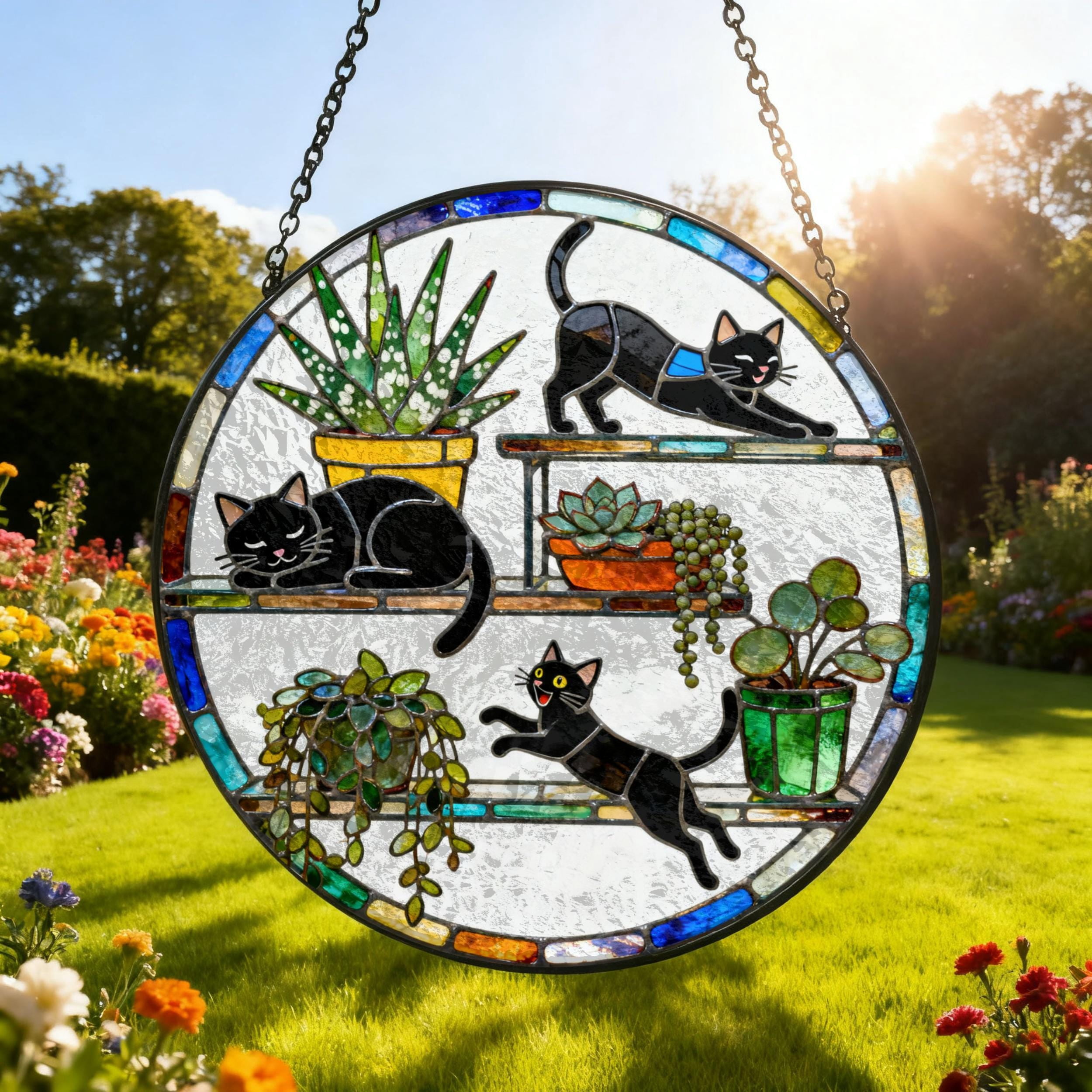 Black Cat Botanical Plant Stained Glass Suncatcher Garden Houseplant ...