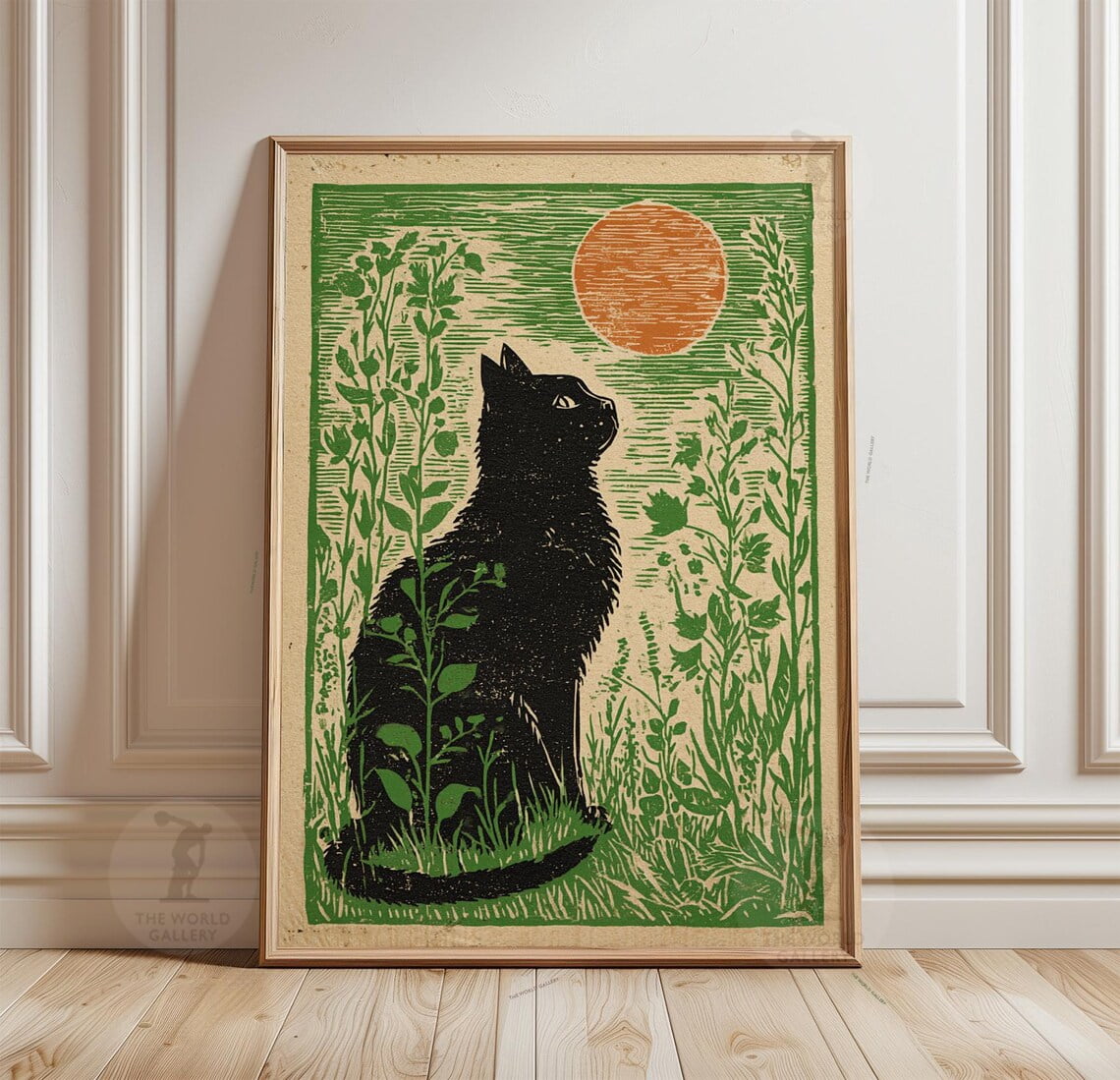 Black Cat Botanical Poster Vintage Linocut Animal Green Nature Decor ...