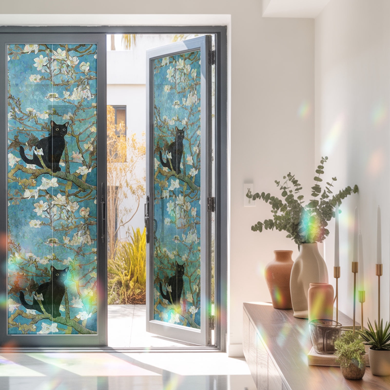 Black Cat on Branches Window Privacy Film, Rainbow Film Decorative ...