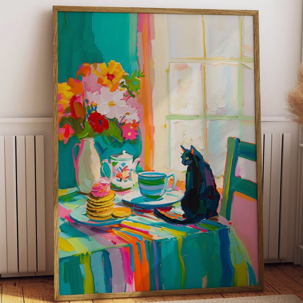 Black Cat At Breakfast Table Print Kitchen Abstract Painting Vibrant ...