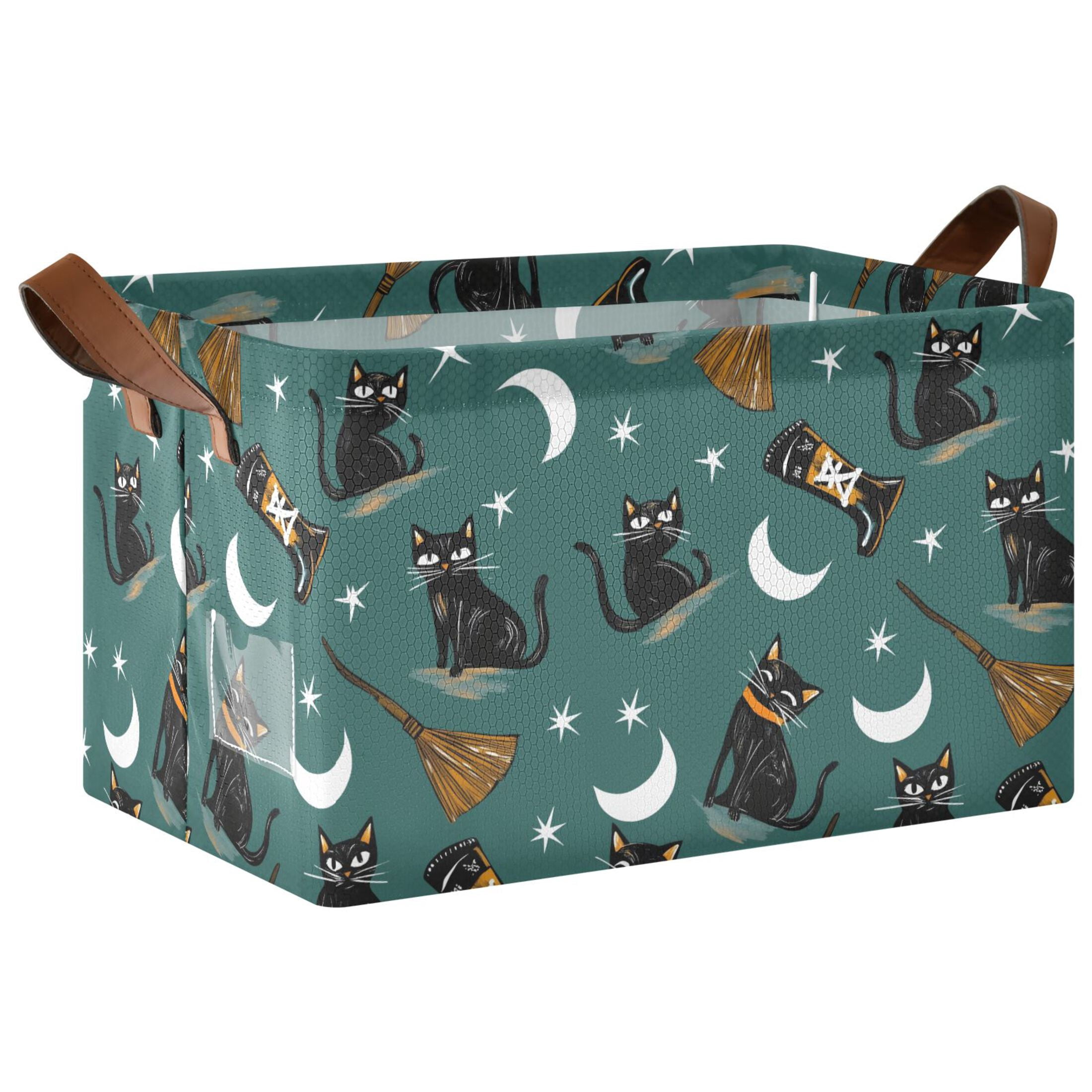 Black Cat Broom Pattern Collapsible Storage Bin Open Home Shelf Basket ...