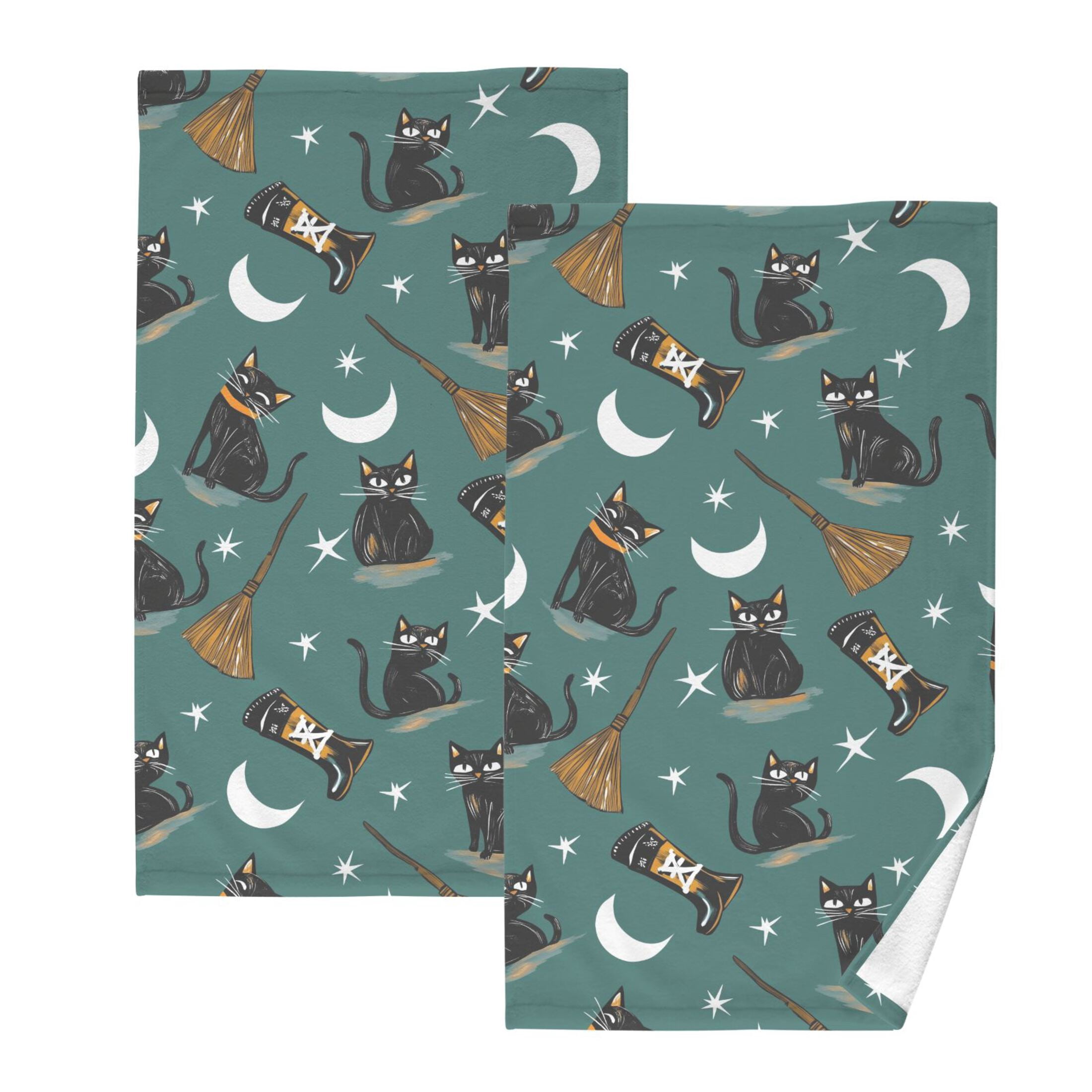 Black Cat Broom Pattern Cotton Towel Set Face Hand Towels 2 Pack Soft ...