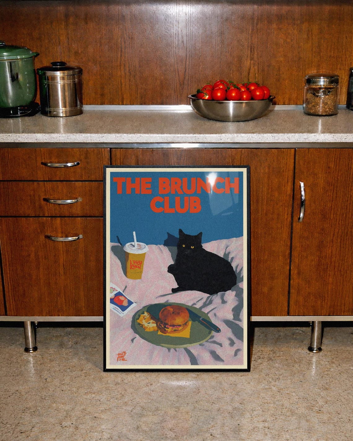 Black Cat Brunch Club Retro Food Illustration Kitchen Poster Unframed ...