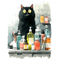 Black Cat Brushing Teeth Funny Watercolor Canvas Humorous Bathroom Pet ...