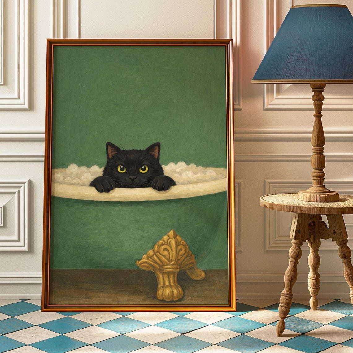 Black Cat Bubble Bath Vintage Painting Bathroom Art Moody Cat Lover ...