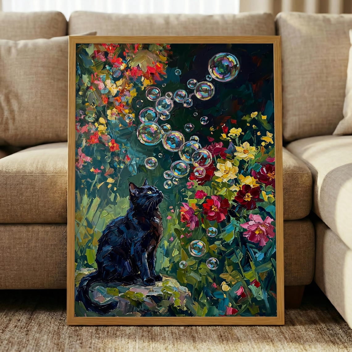 Black Cat Bubble Whimsical Floral Garden Colorful Impasto Magical Pet ...