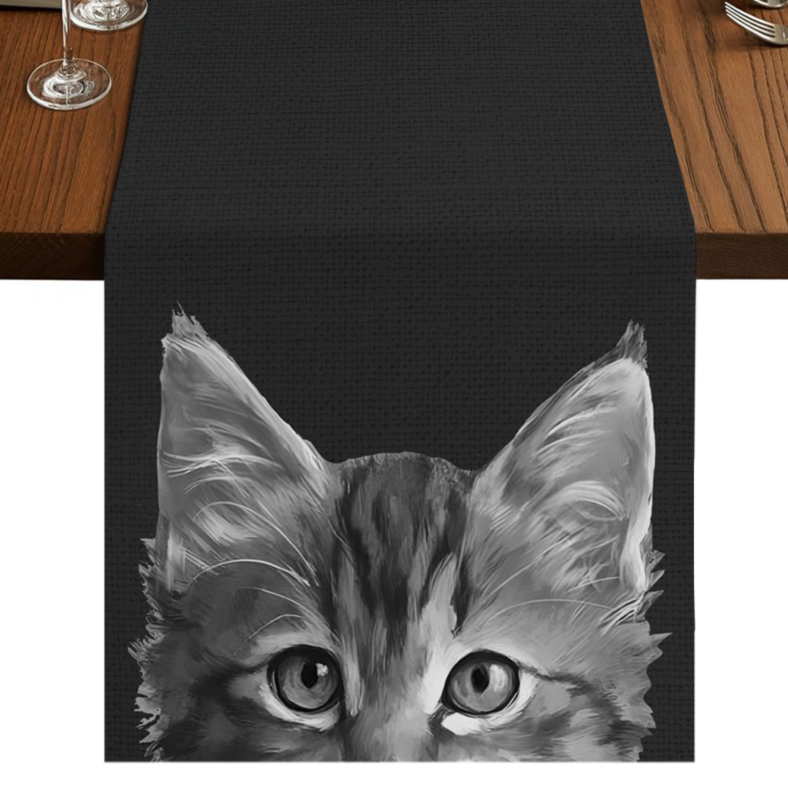 Black Cat Burlap Cotton Table Runner 13x108 Inches Long, Cute Pets Eyes ...