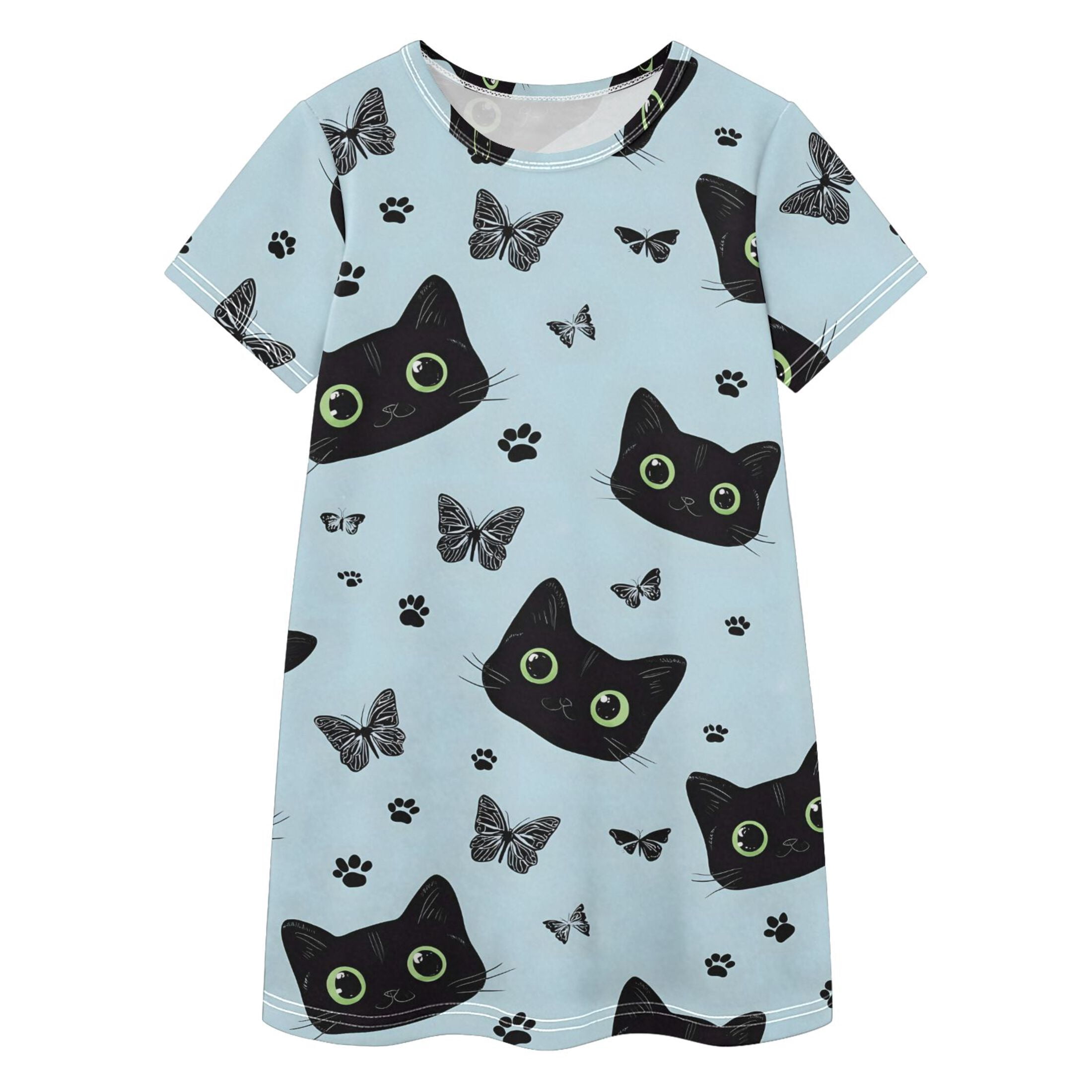 Black Cat Butterfly Pattern Girls' Casual Dresses Short Sleeve Cotton ...