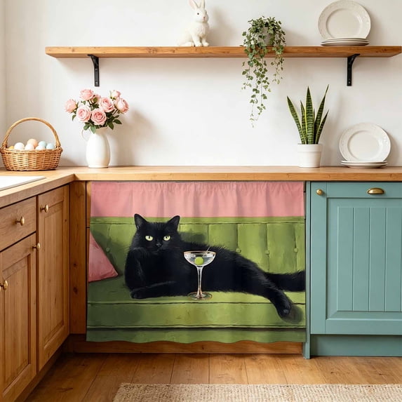 Black Cat Cabinet Curtains 28" W x 35" L, Boho Chic Lack Animal Pattern ...