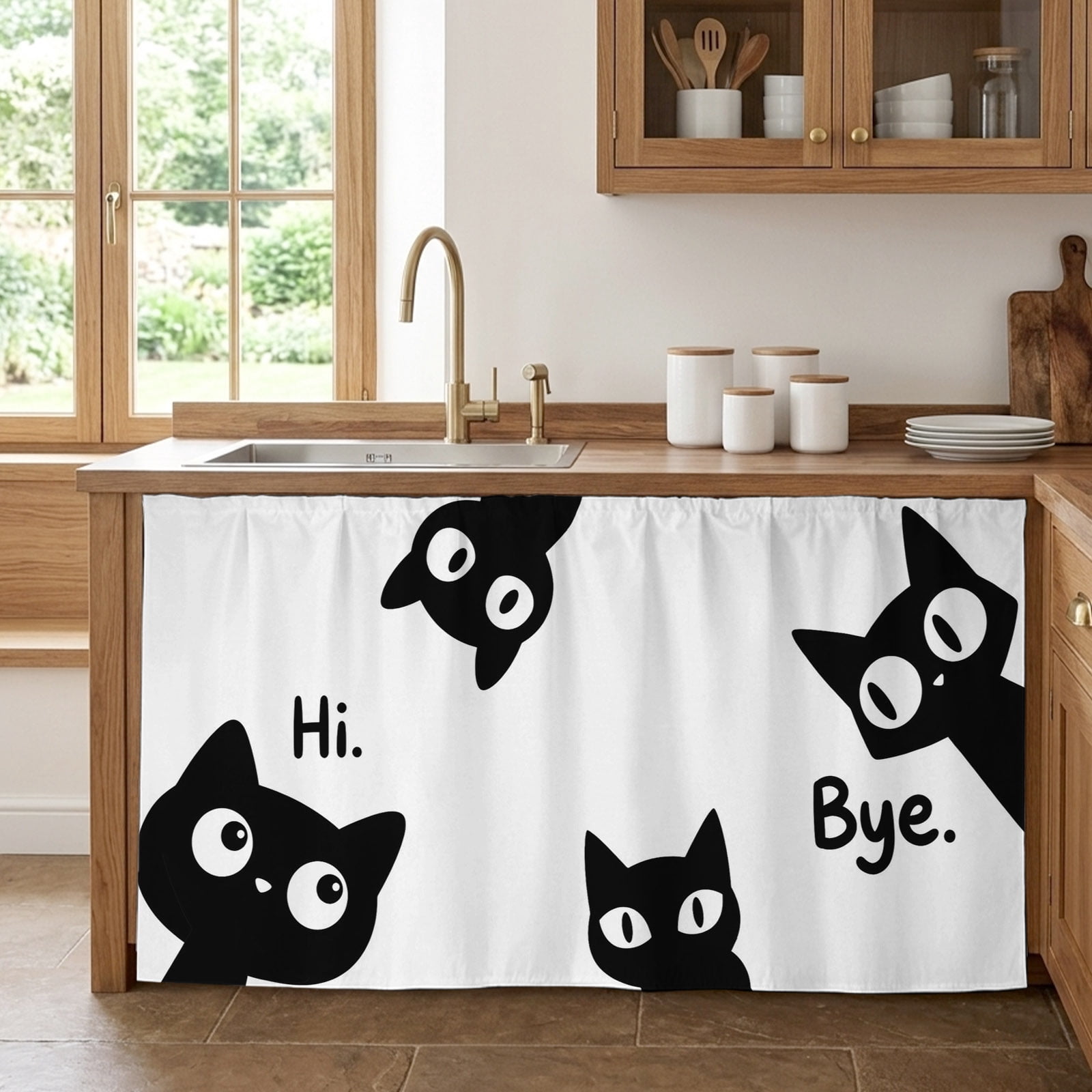Black Cat Cabinet Curtains 28"W x 51"L, Cute Funny Cats Cartoon Animal ...