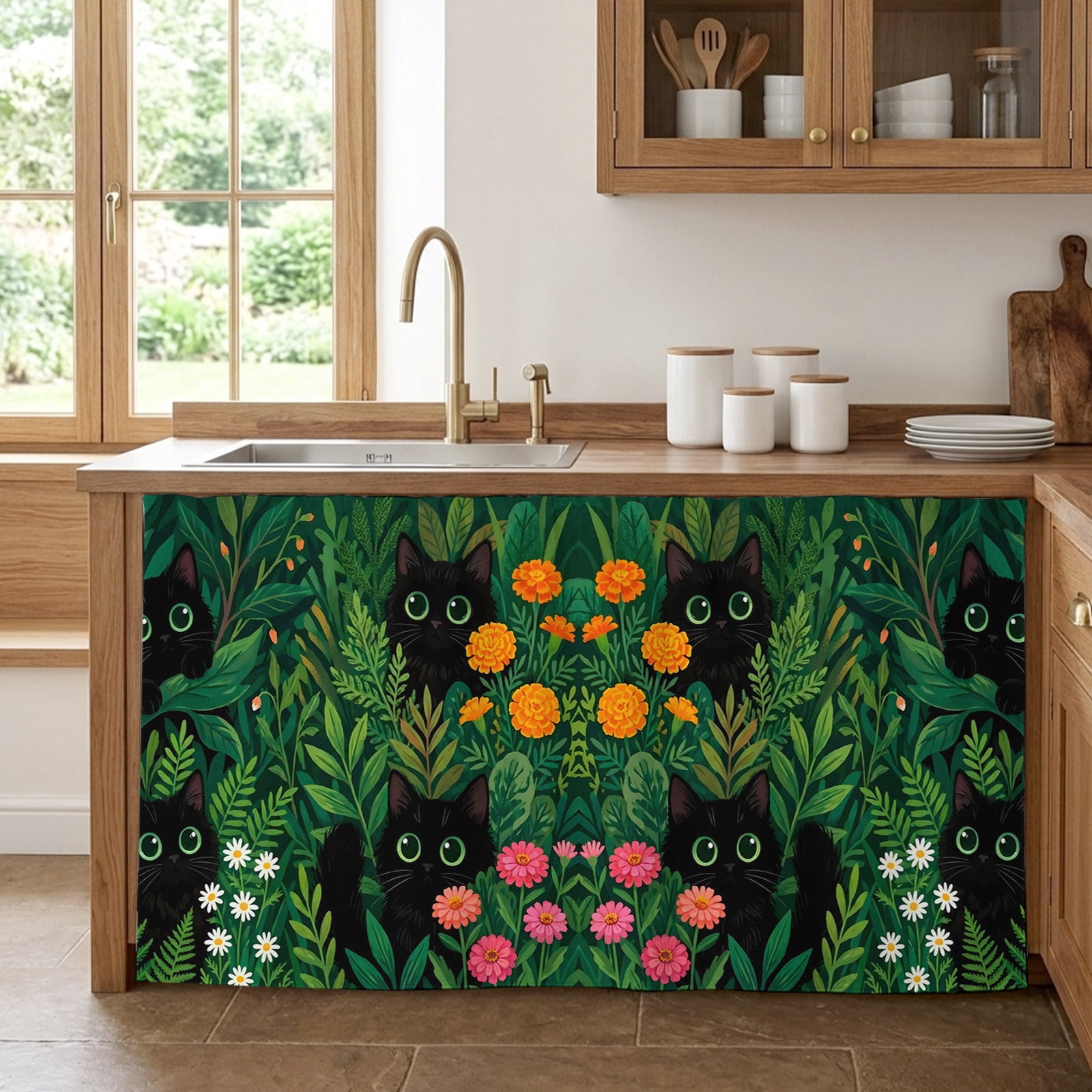 Black Cat Cabinet Curtains 32" W x 55" L, Pink Orange Flower Green ...