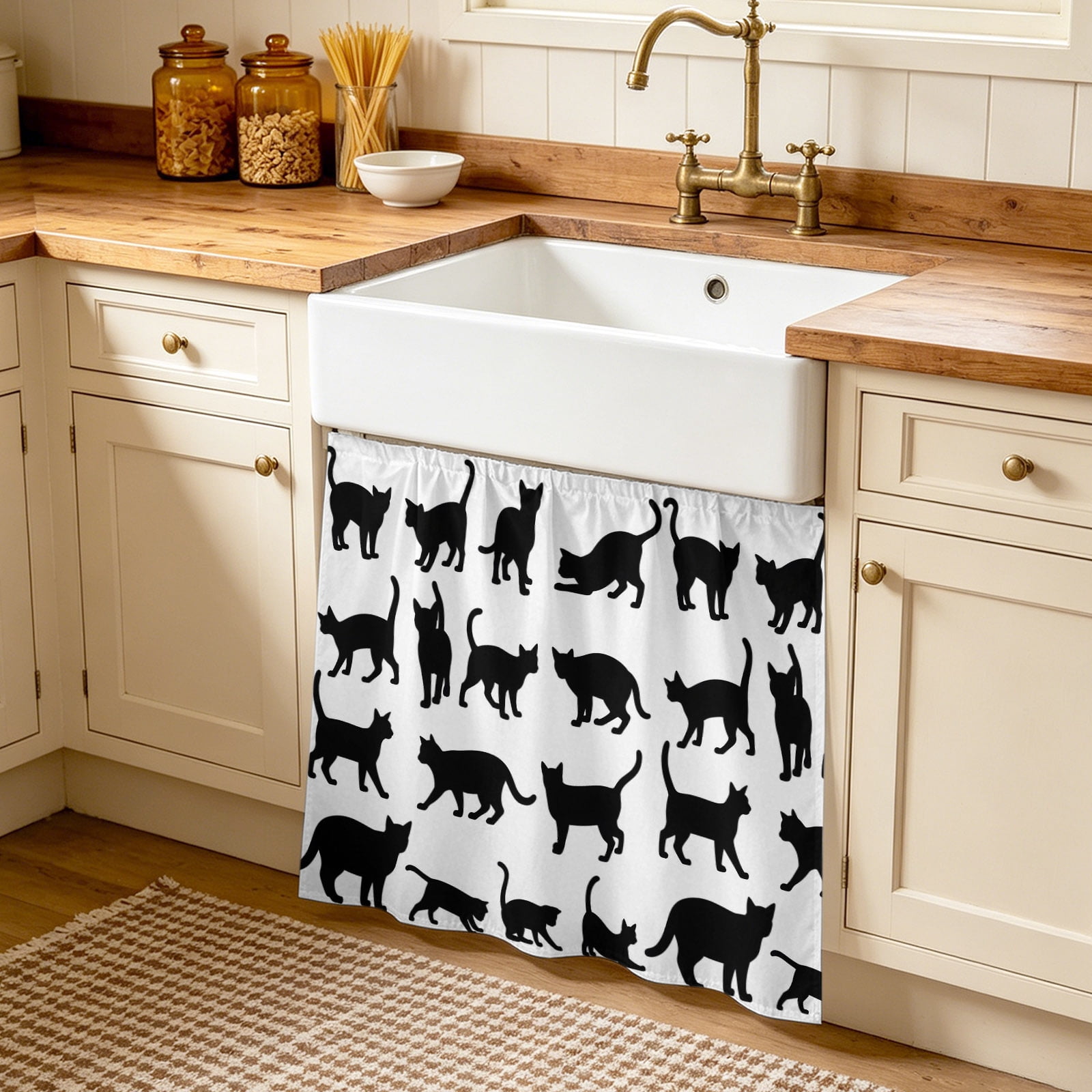 Black Cat Cabinet Curtains 35"W x 35"L, Modern Cartoon Animals ...