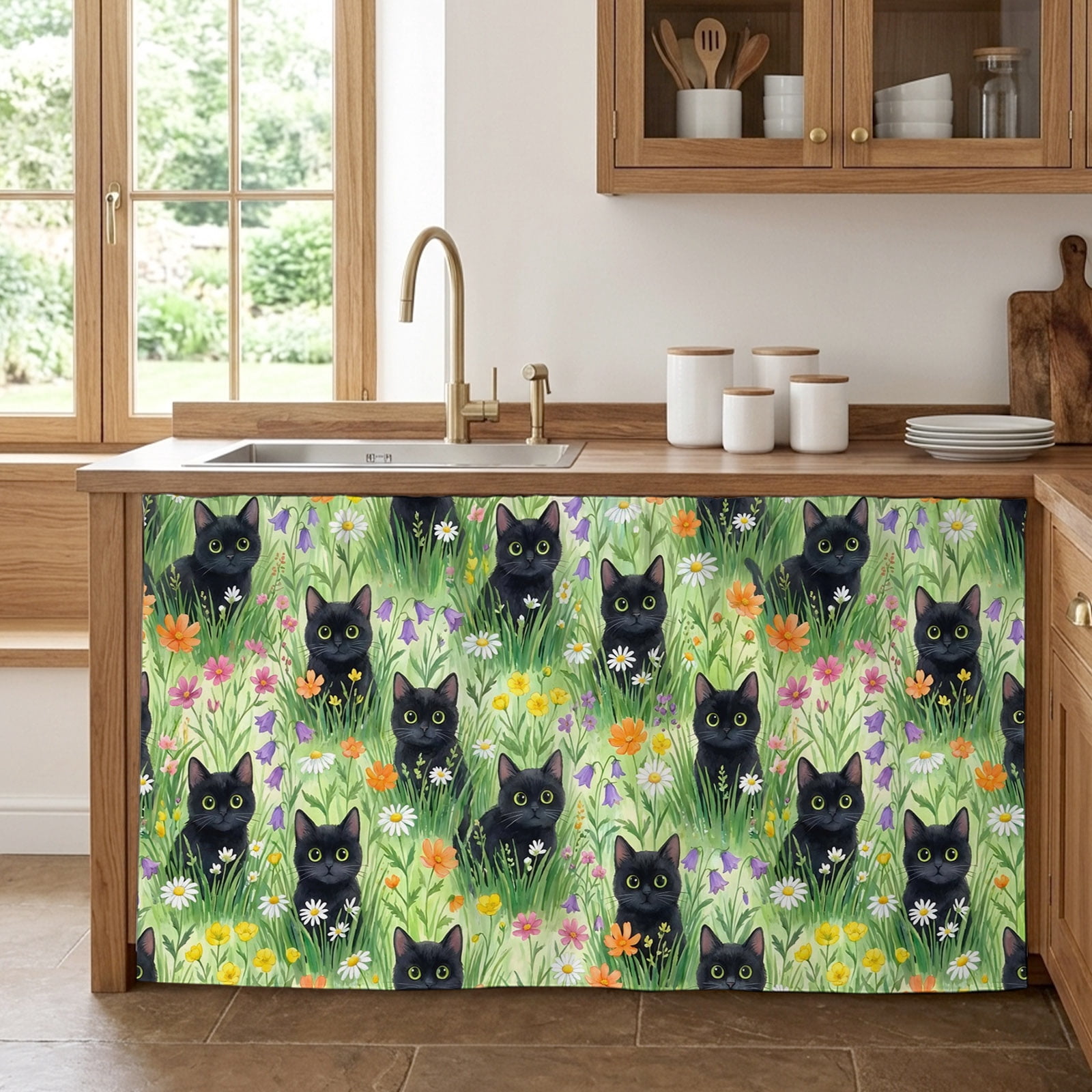Black Cat Cabinet Curtains for Kitchen 28"W x 51"L, Orange Purple ...