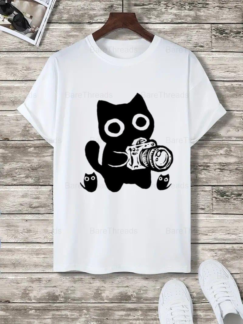 Black Cat Camera Photographer T-Shirt - Cartoon Graphic Tee , For Men ...