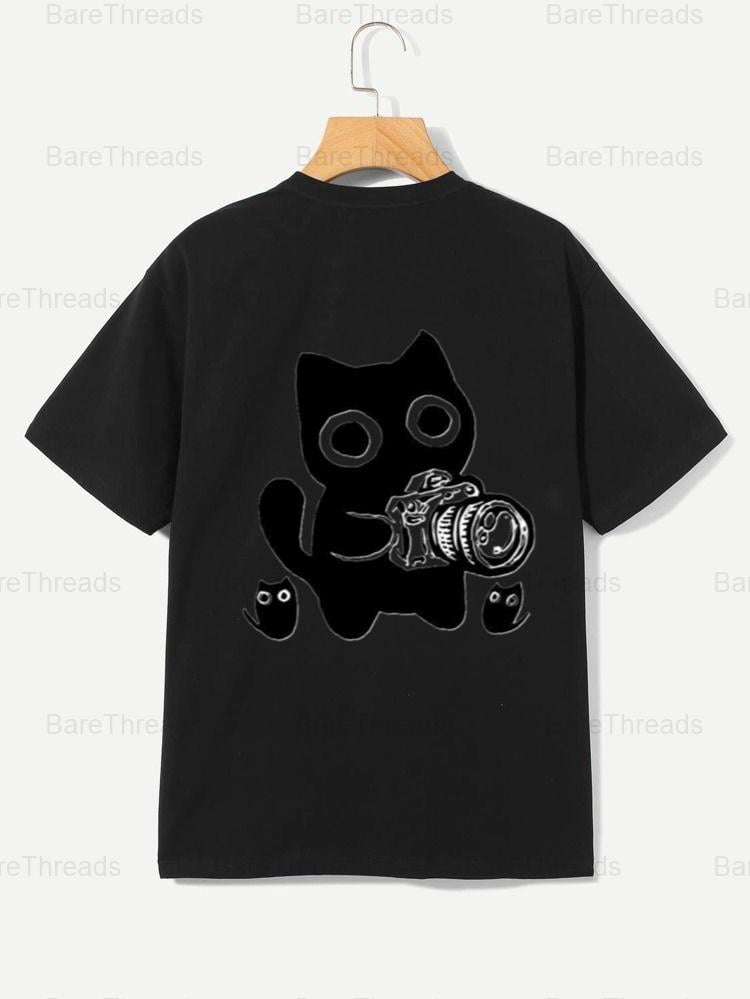Black Cat Camera Photographer T-Shirt - Cartoon Graphic Tee , For Men ...