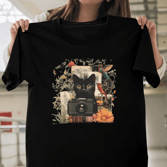 Black Cat Camera Shirt Nature Flowers Birdwatching Graphic Unisex T ...
