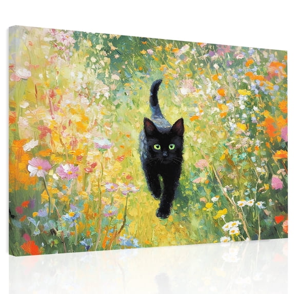 Black Cat Canvas Print Wall Art, Colorful Floral Wildflowers Garden ...