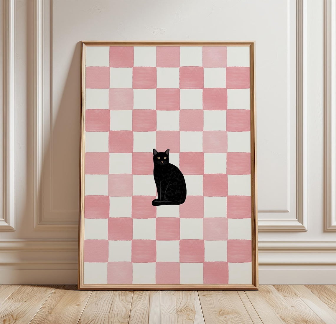 Black Cat Checkerboard Poster Pink Wall Art Minimal Animal Decor Art ...