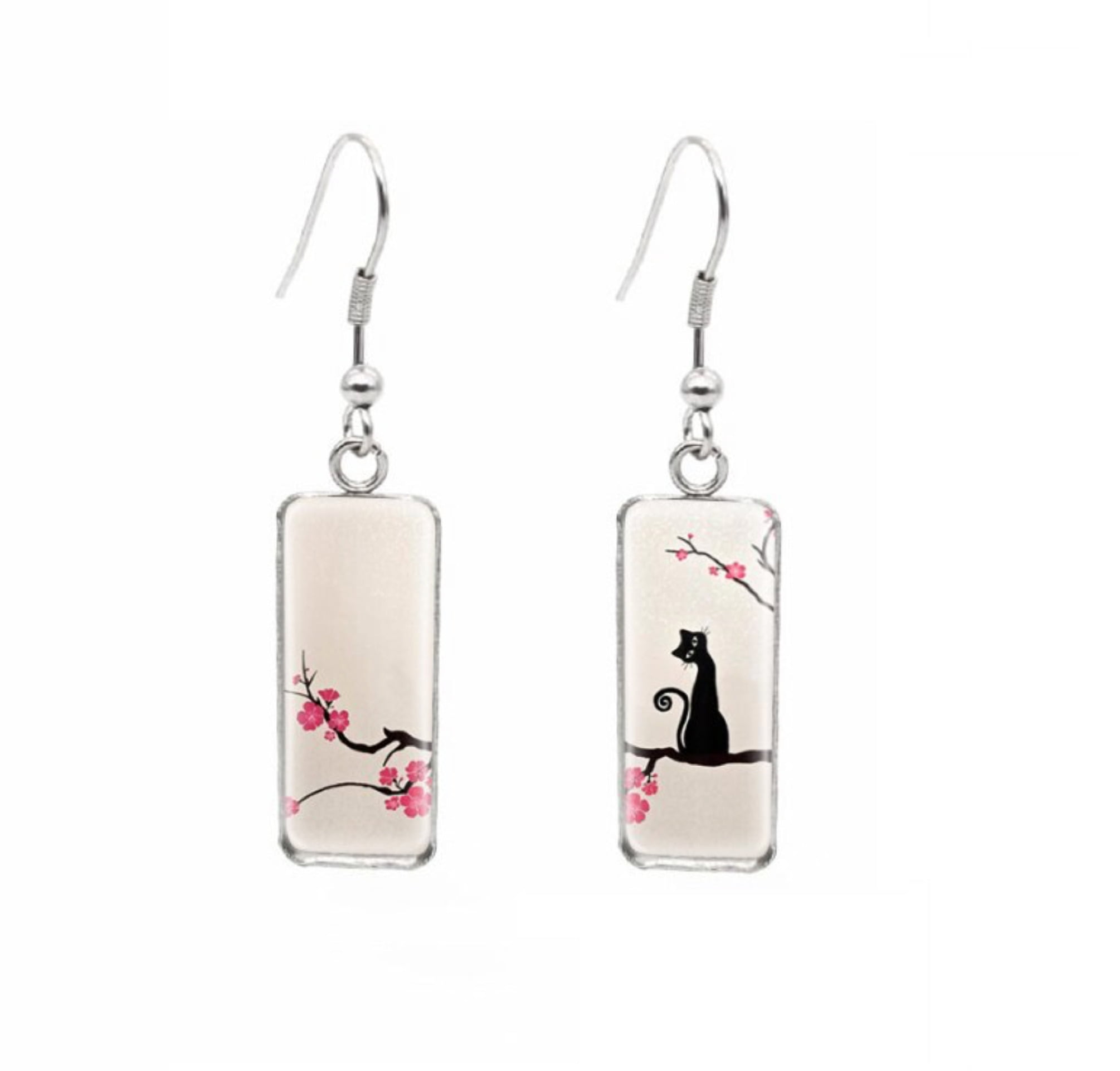 Black Cat Cherry Blossoms Rectangular Drop Earrings - Walmart.com